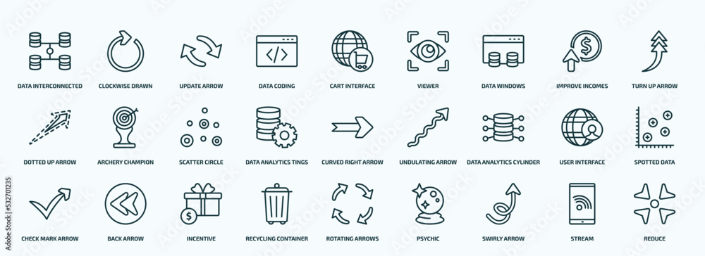 special lineal user interface icons set. outline icons such as data interconnected, data coding ...