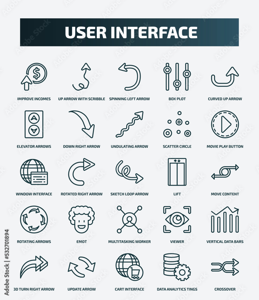 set of 25 special lineal user interface icons. outline icons such as improve incomes, up arrow ...