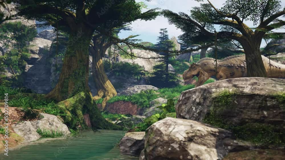 T-Rex Jurassic World, Plants, River 3D Rendering Animation CGI 4K Stock ...