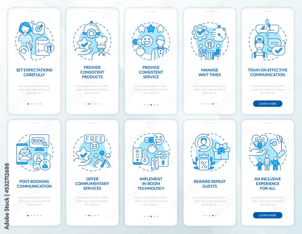 Good service in restaurant industry blue onboarding mobile app screen ...