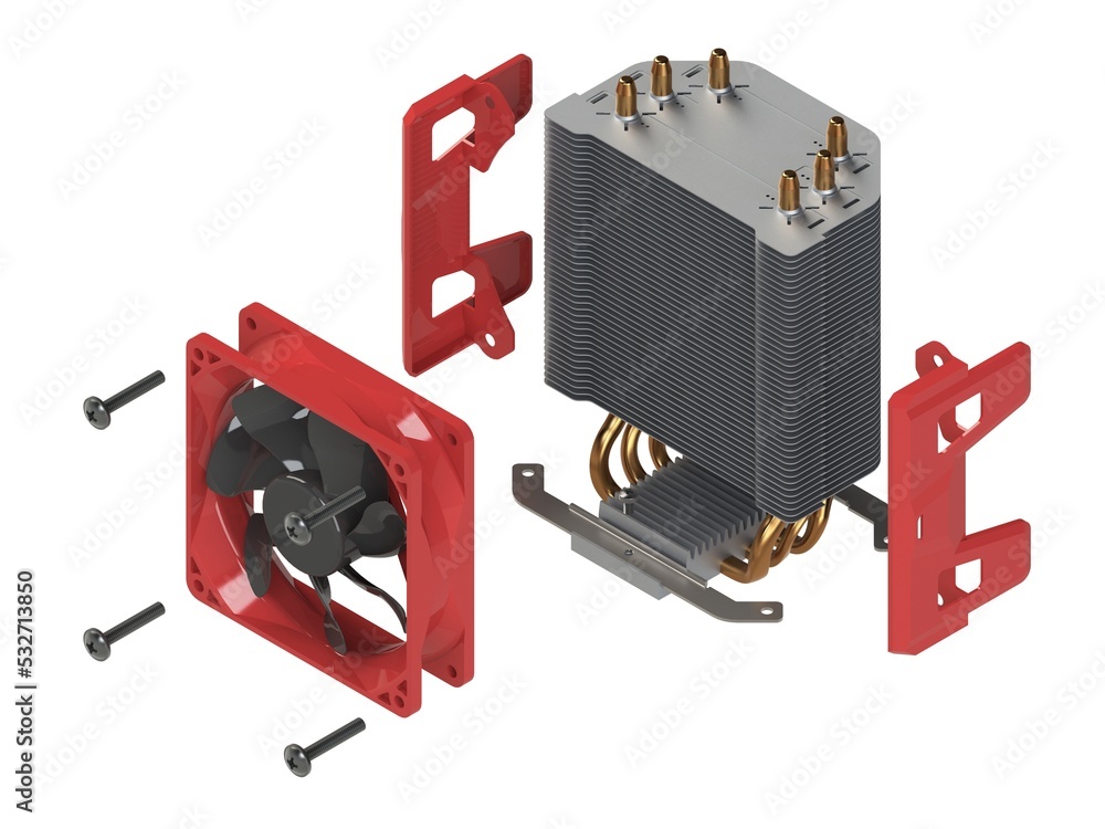 CPU cooler in exploded view 3D rendering isolated on white background ...