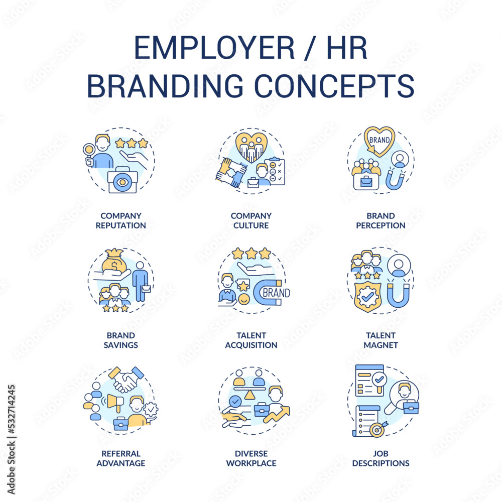 Employer branding concept icons set. Company reputation. Recruitment ...