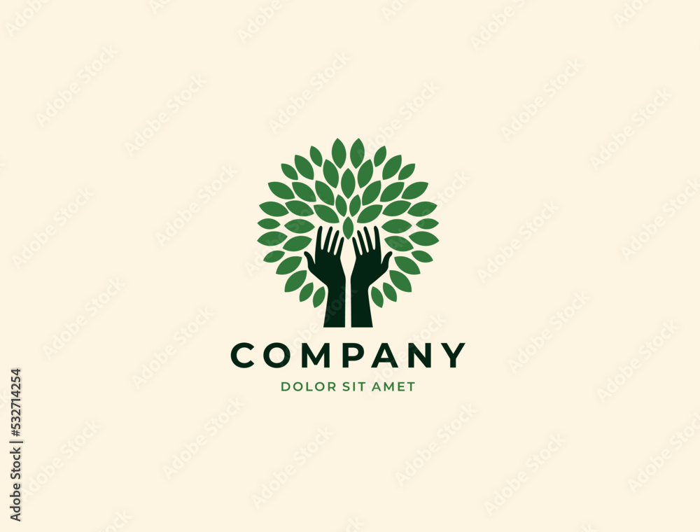 Tree logo with human hands. Ecology, environment, environment friendly ...