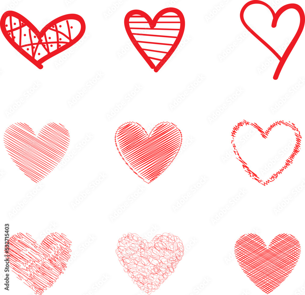 Heart hand draw vector. Red heart hand drawn love icons isolated. Paint ...