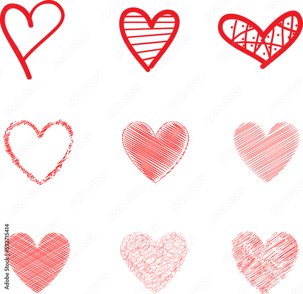 Heart hand draw vector. Red heart hand drawn love icons isolated. Paint ...