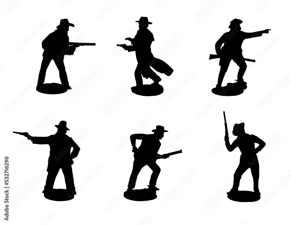 Cowboys. Gunslingers from the Wild West in different poses. Silhouette ...