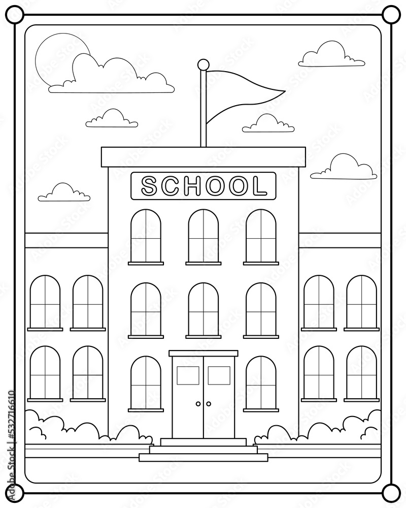 School building suitable for children's coloring page vector ...