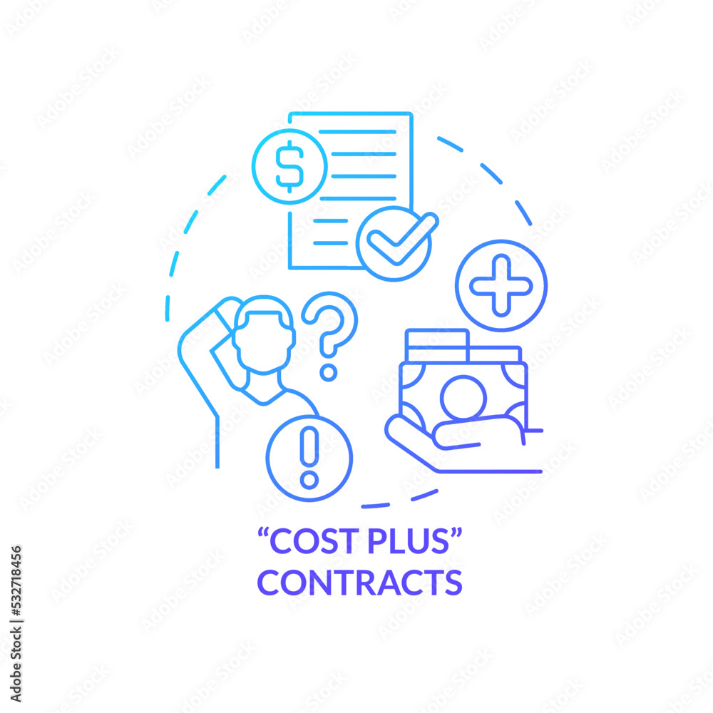 Cost plus contracts blue gradient concept icon. Additional fees. Dealing with inflation in ...