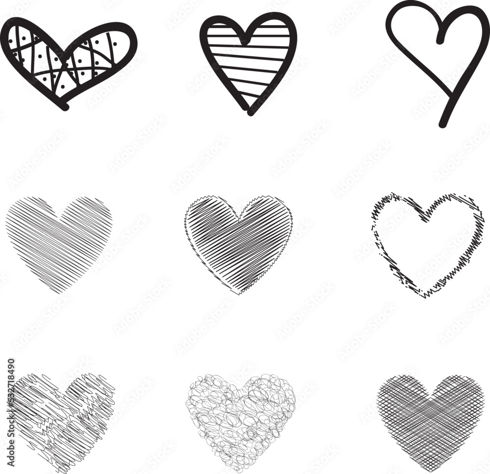 Heart hand draw vector. Black heart hand drawn love icons isolated ...