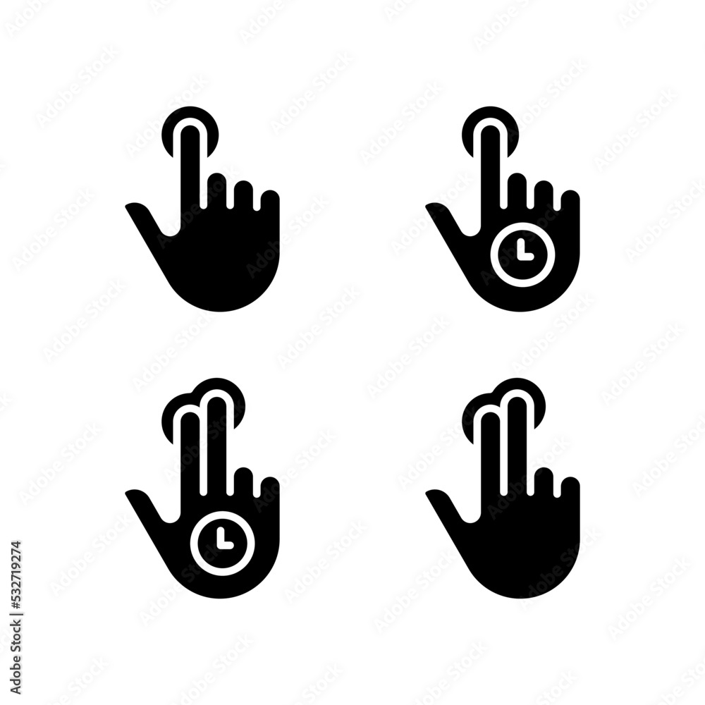 Long tap black glyph icons set on white space. Double finger touch ...