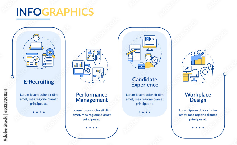Recruiting methods rectangle infographic template. HR management. Data visualization with 4 ...