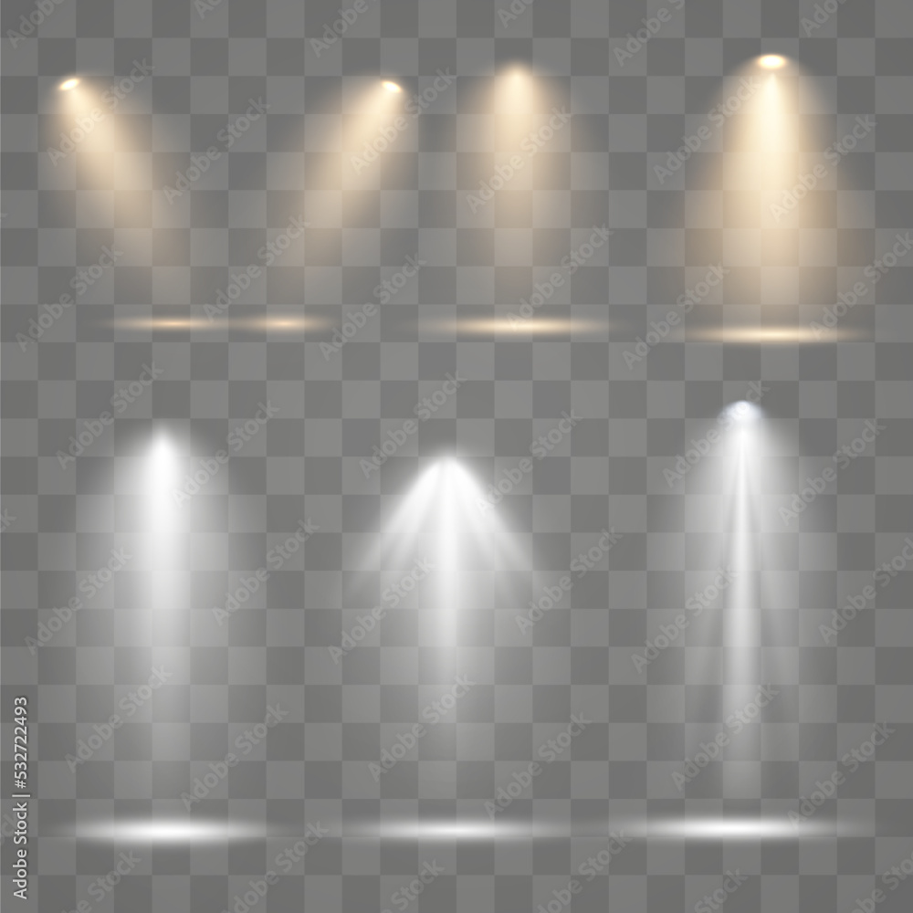 Set of golden spotlight isolated on transparent background. Glowing ...