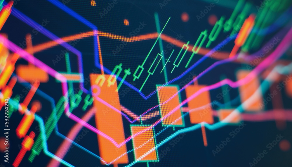 Financial data on a monitor which including of Market Analyze. Bar ...