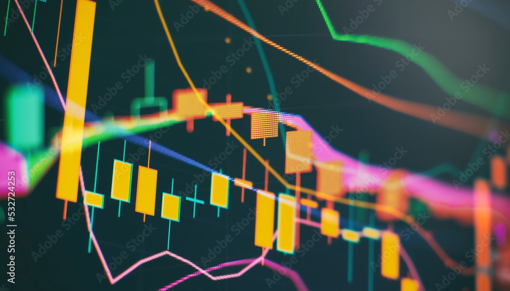 Financial data on a monitor which including of Market Analyze. Bar ...