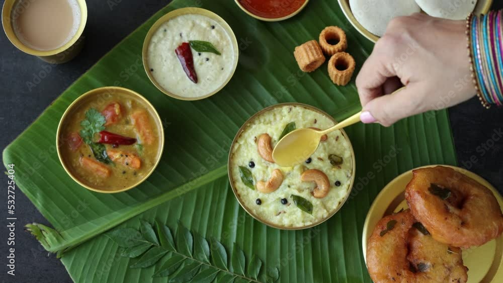 Ven Pongal Khara Pongal Sambar coconut chutney woman hand serving ...