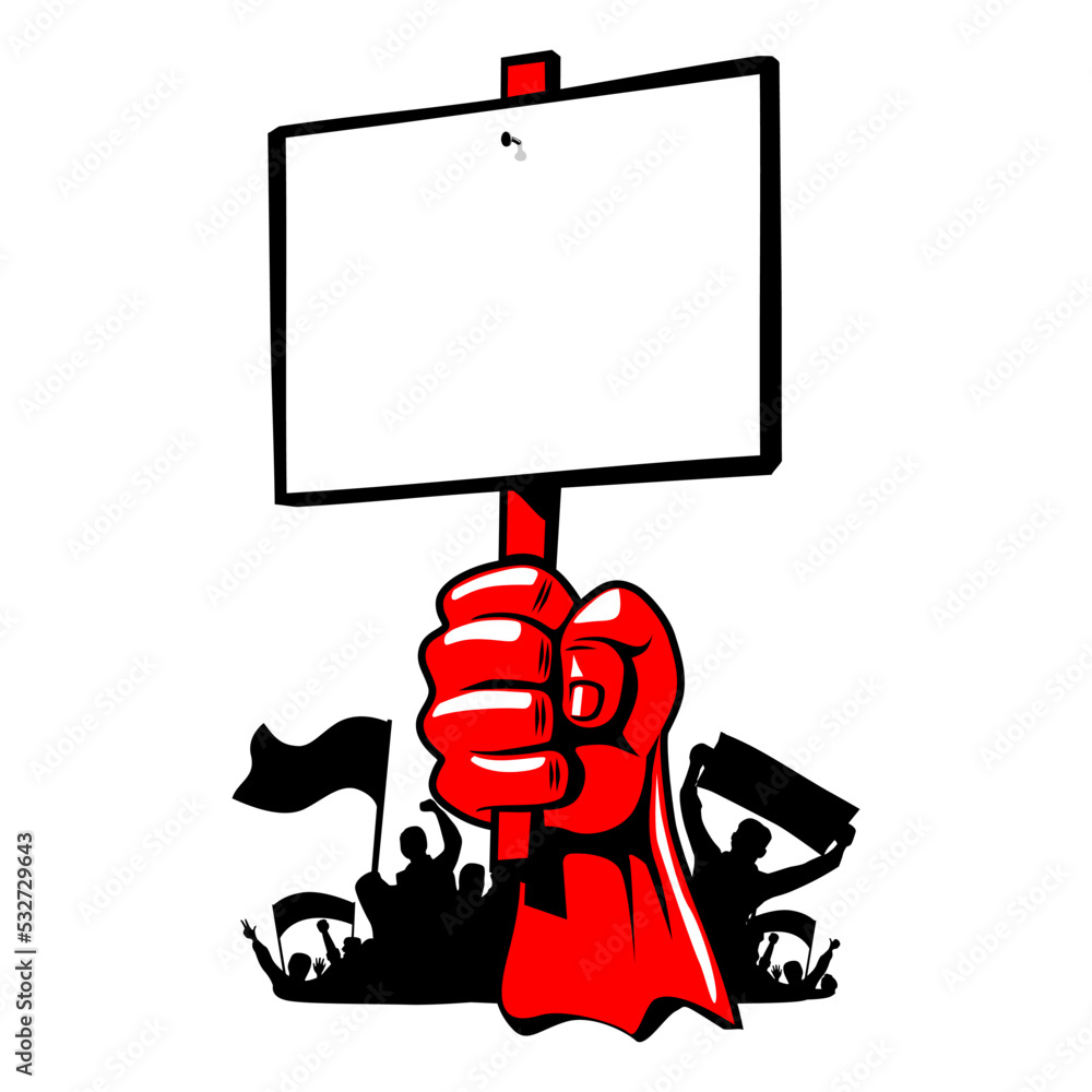 Red fist of male hand with protest poster over the crowd of rebels ...