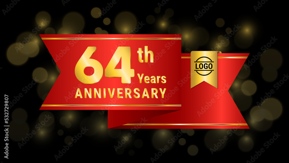 64th golden anniversary template design with red ribbon, logo vector ...