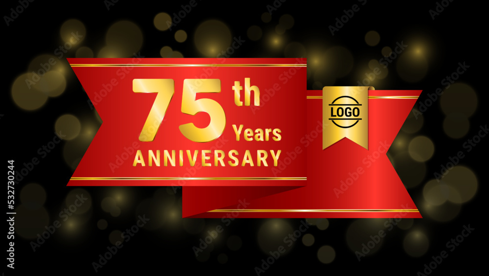 75th golden anniversary template design with red ribbon, logo vector ...
