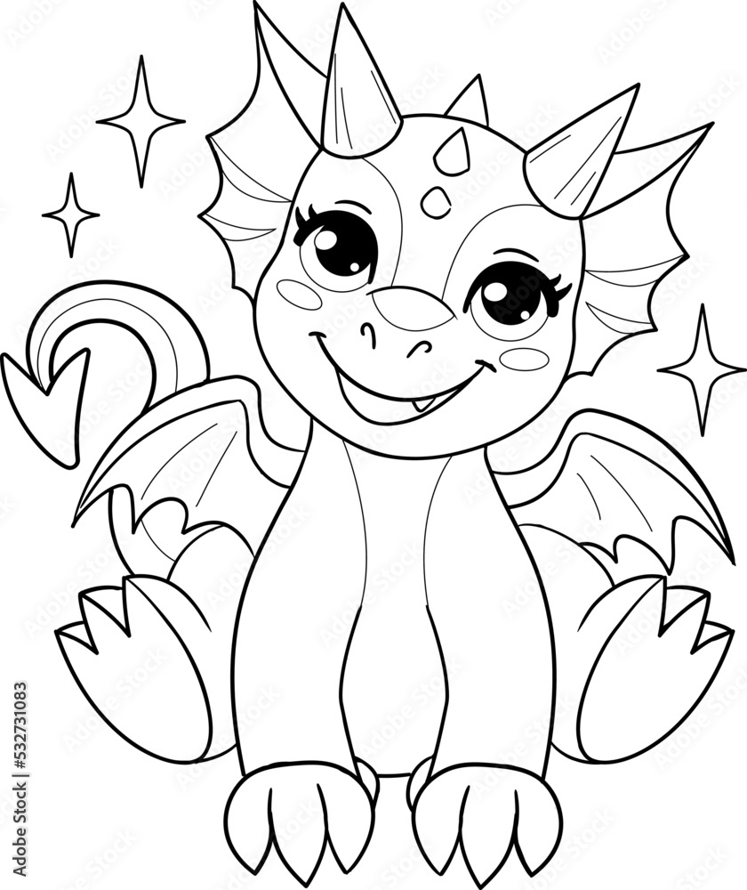 Cute cartoon dragon. Vector isolated outline for coloring page Stock ...