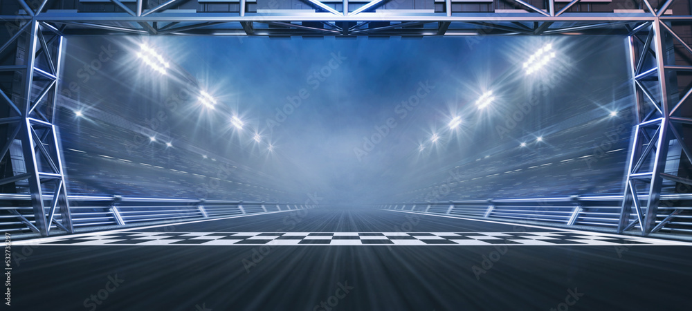 Racing track and checked finish line with metal gate and floodlights ...