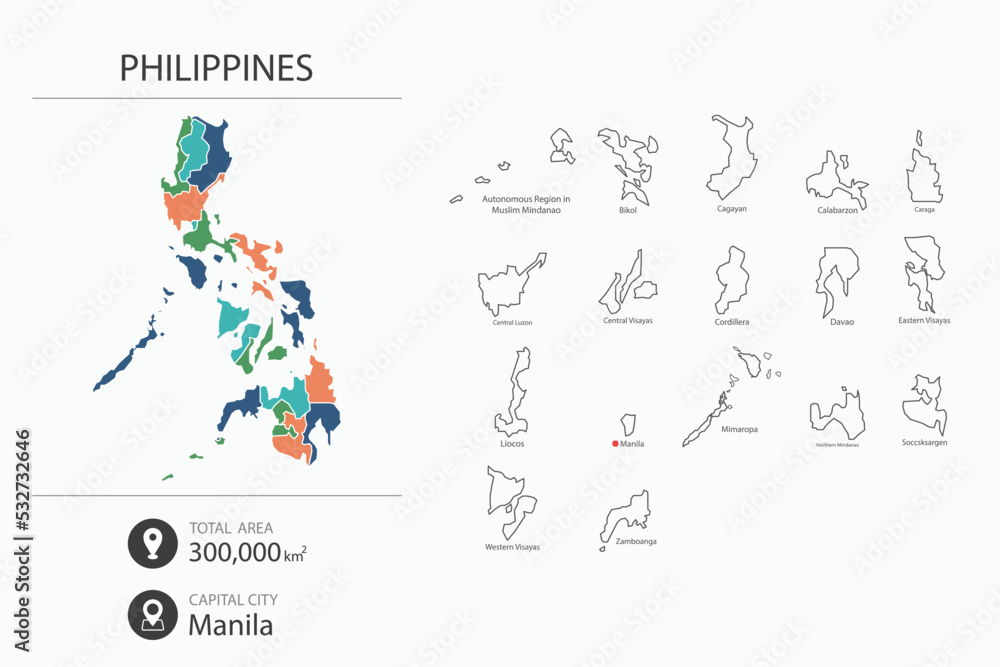 Map of Philippines with detailed country map. Map elements of cities ...