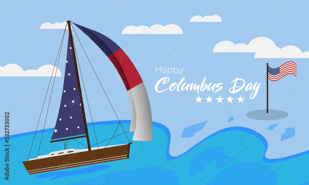 Vector background of sailing ship floating on ocean waves for a happy ...