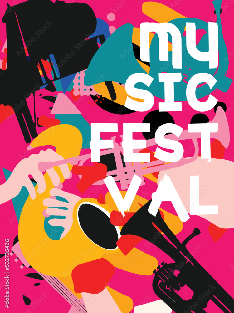 Colorful music festival poster background with musical instruments ...