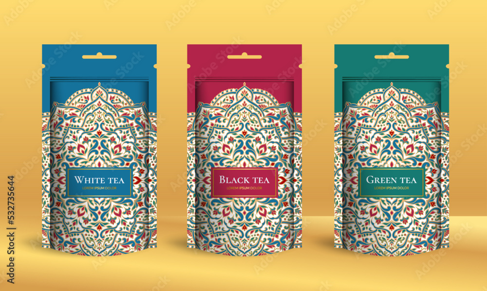 Tea packaging design with zip pouch bag mockup. Vector ornament ...