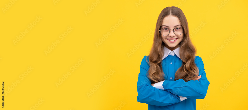 Confident teenage girl in eyeglasses happy smile keeping arms crossed ...