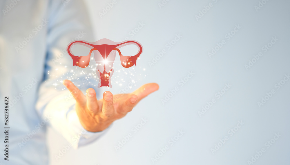 Doctor examines hologram of female uterus and examines test results ...