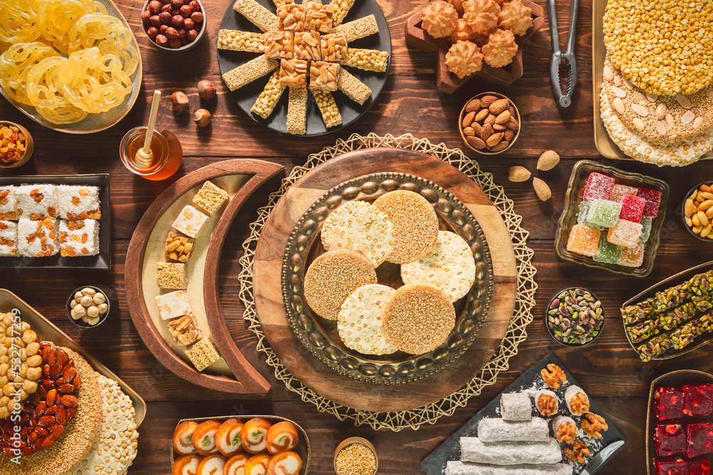 Collection of traditional Arabic sweets and candies to celebrate ...