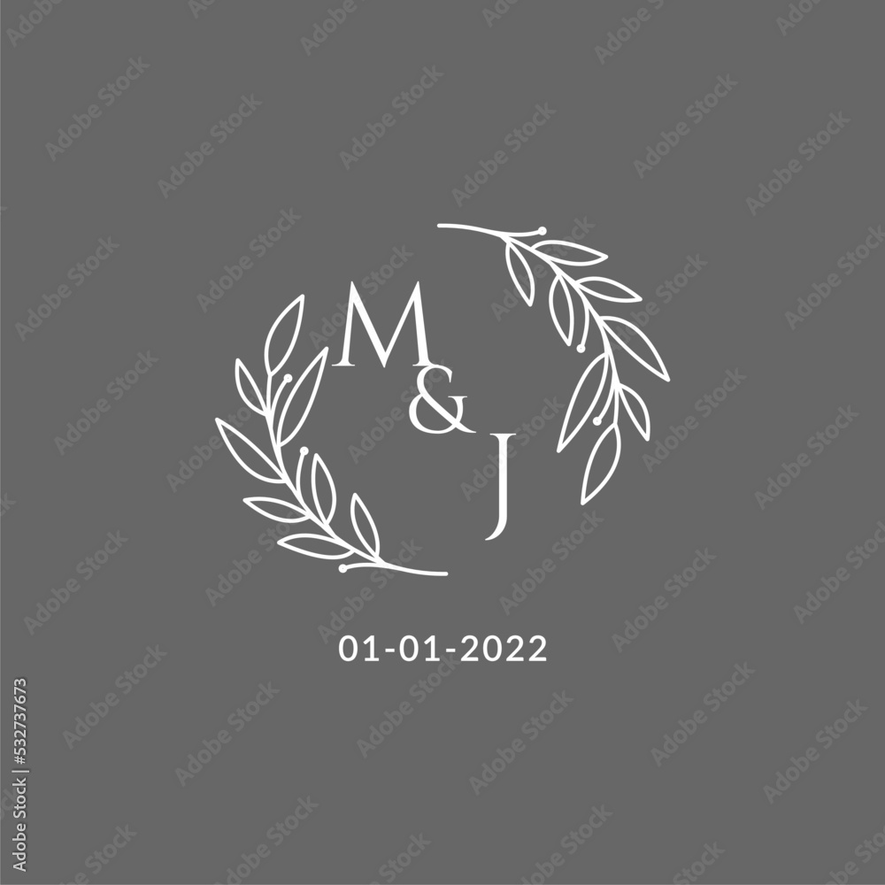 Initial letter MJ monogram wedding logo with creative leaves decoration ...
