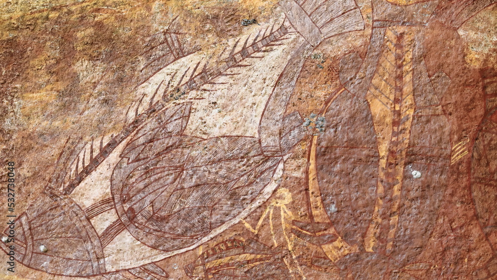 Aboriginal rock art: fishes -barramundi-cat-mullet- in red-brown tones ...