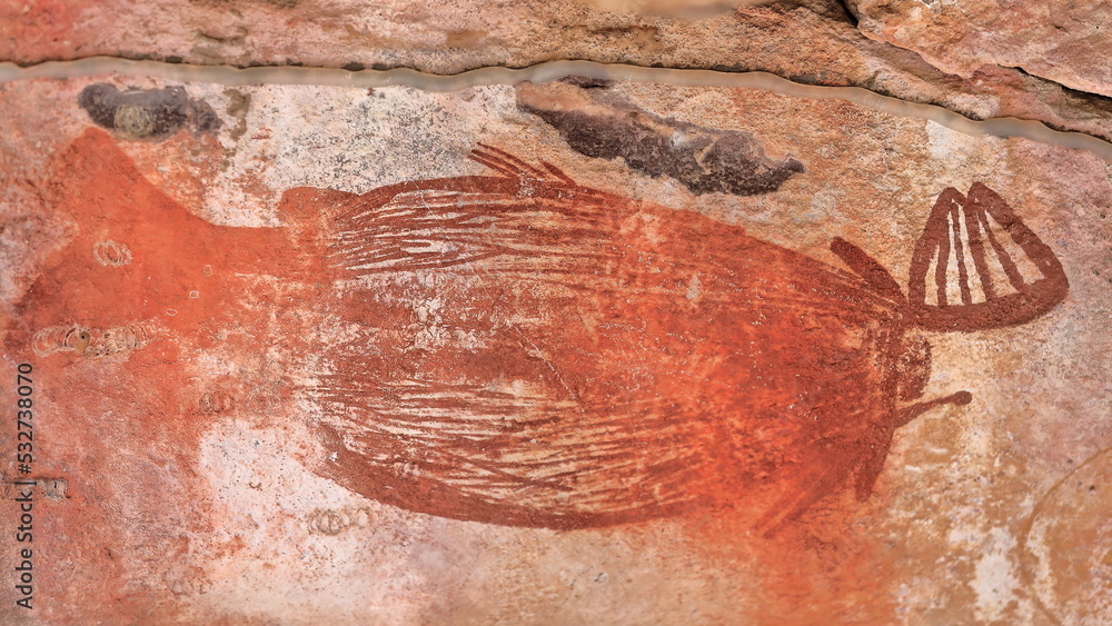 Aboriginal rock art: infilled painting of mullet fish-gu nadju-in red ...
