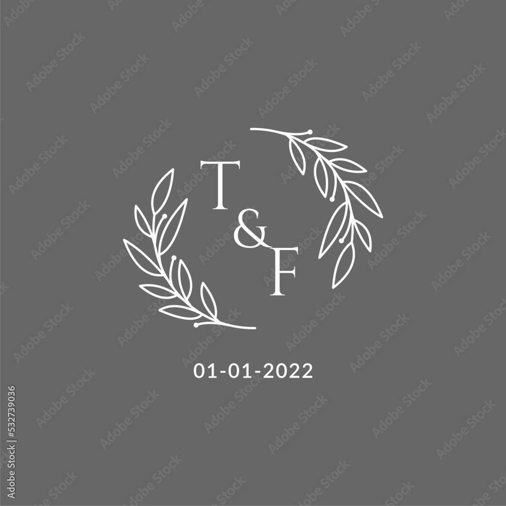 Initial letter TF monogram wedding logo with creative leaves decoration ...