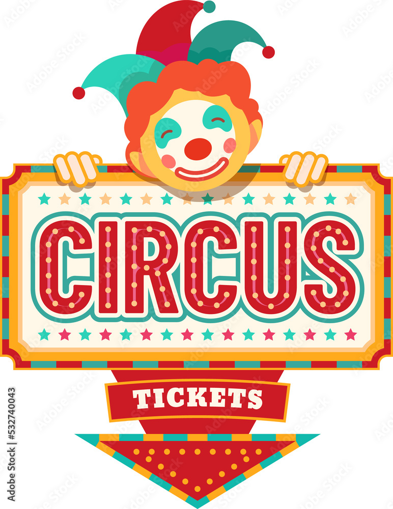 Circus carnival sign, ticket booth arrow, clown Stock Illustration ...
