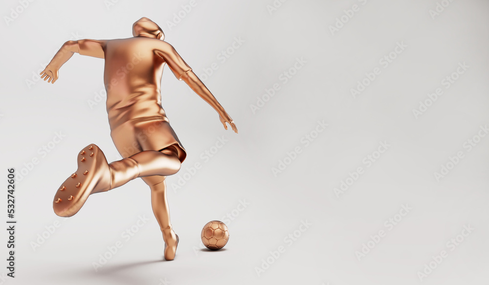 Golden soccer football player kicking a ball in an action pose. 3D ...