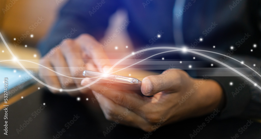 close up young man use smartphone to surfing the internet with virtual ...