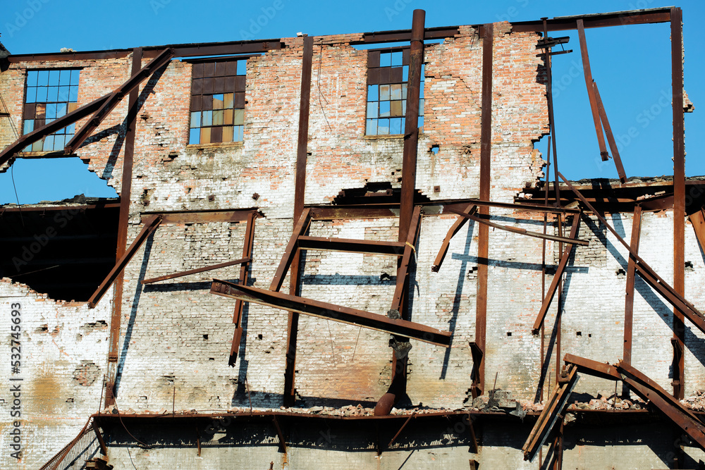 old destroyed metal structures. rusty and rotten fittings, frame ...