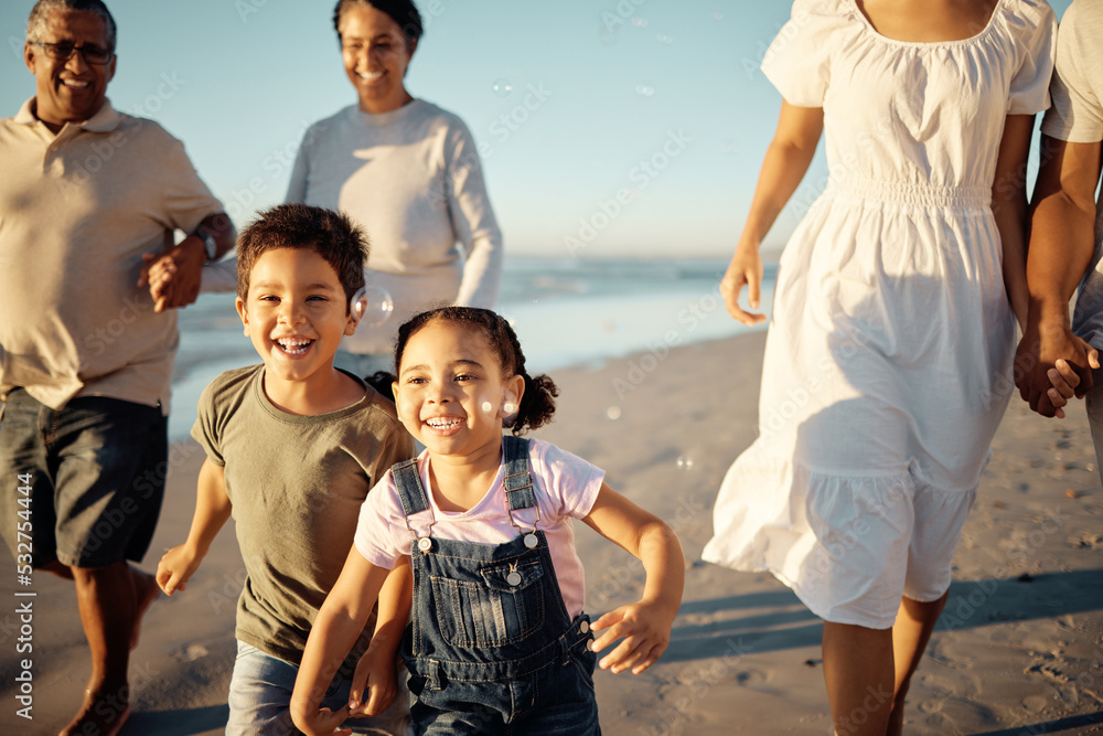 Happy family, beach vacation and children running during fun active ...