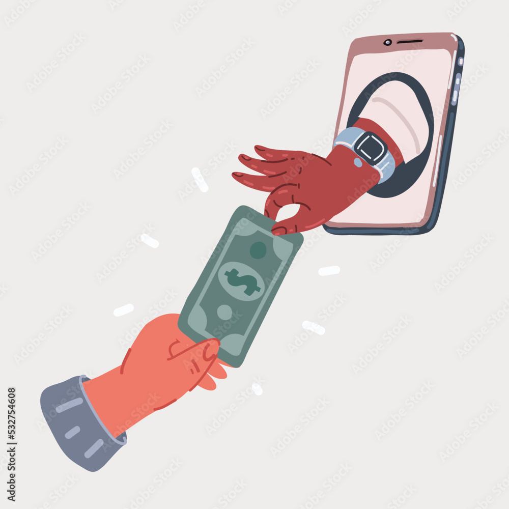 Cartoon vector illustration of Hand giving and receiving money online ...