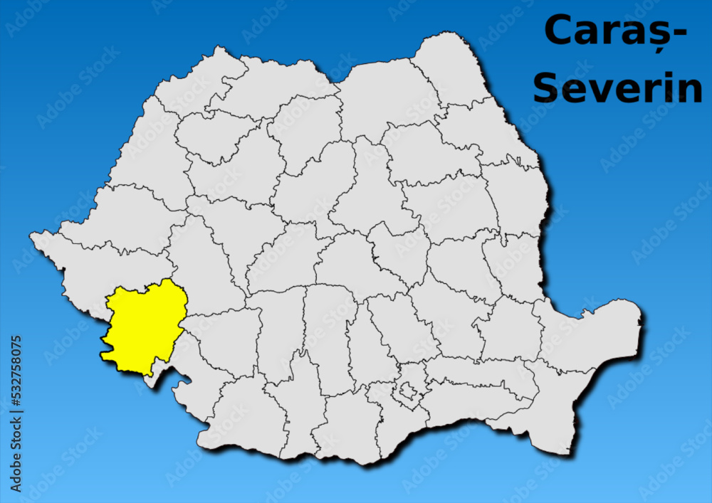 Map of Romania with map of Caras Severin county highlighted in yellow ...