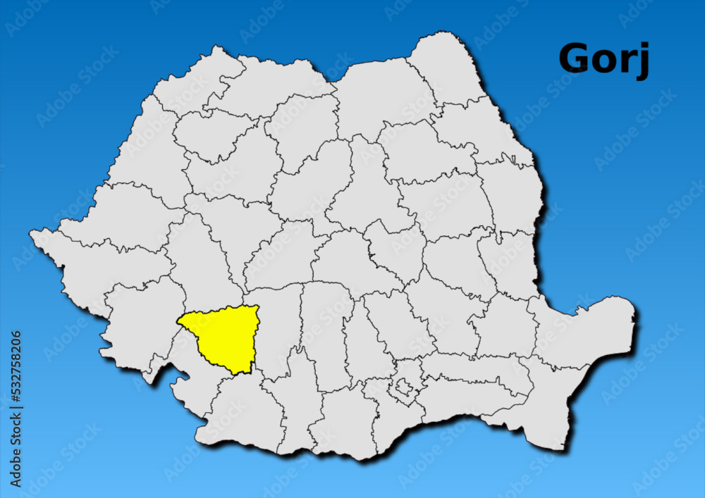 Map of Romania with map of Gorj county highlighted in yellow vector ...