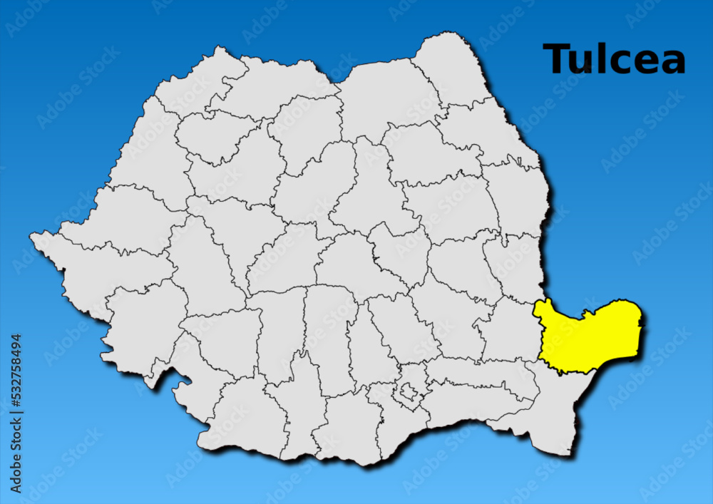 Map of Romania with map of Tulcea county highlighted in yellow vector ...