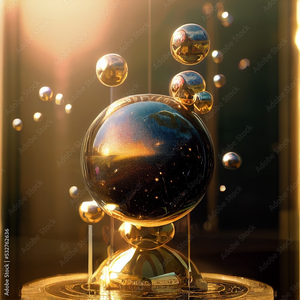 Beautiful liquid floating in the air, liquid bubbles, water reflection ...