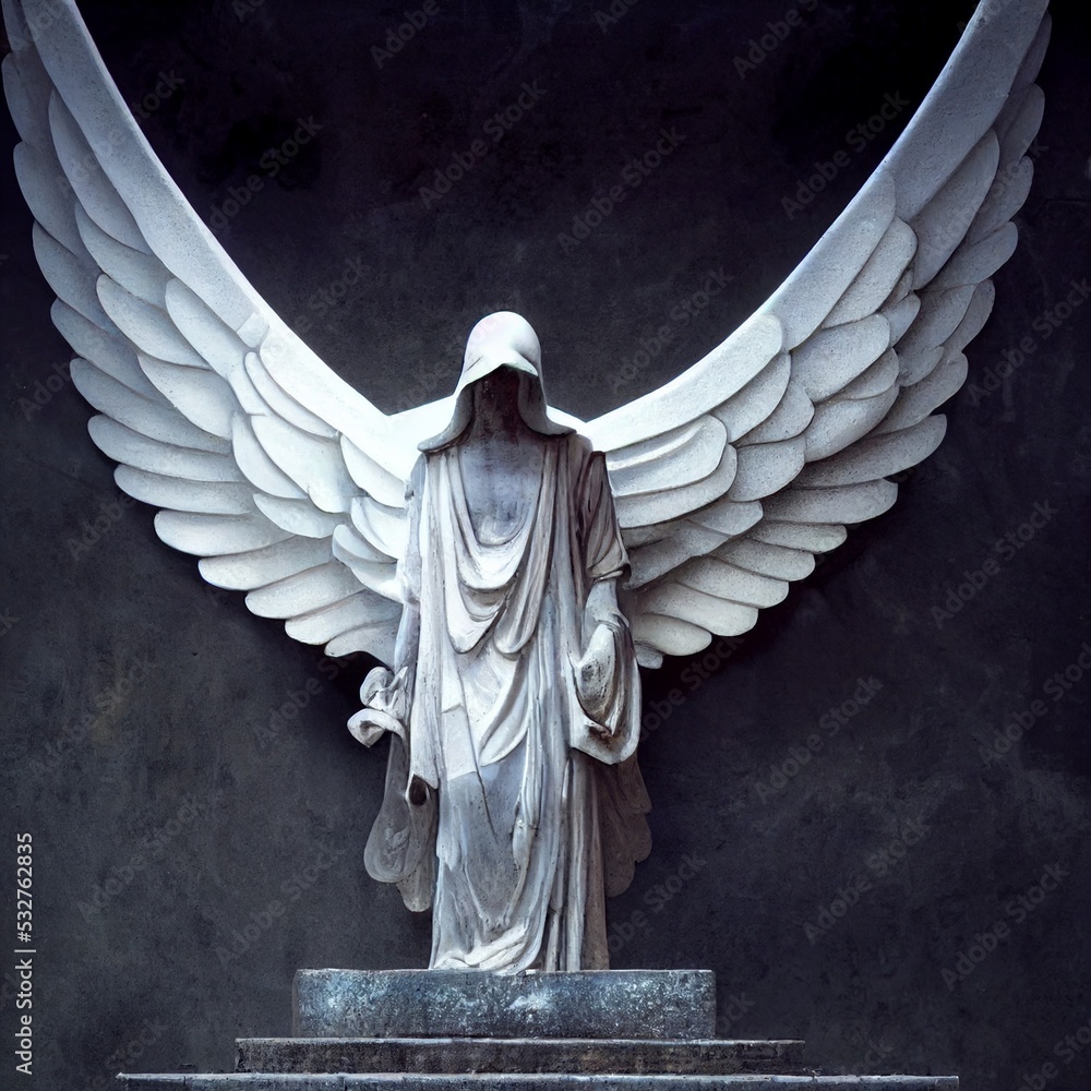 A white statue of an angel with large wings, carved in stone, white ...