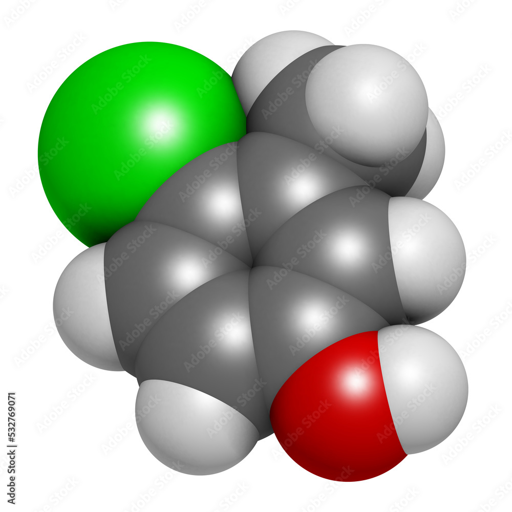 Chlorocresol (p-chlorocresol) antiseptic and preservative molecule, 3D ...