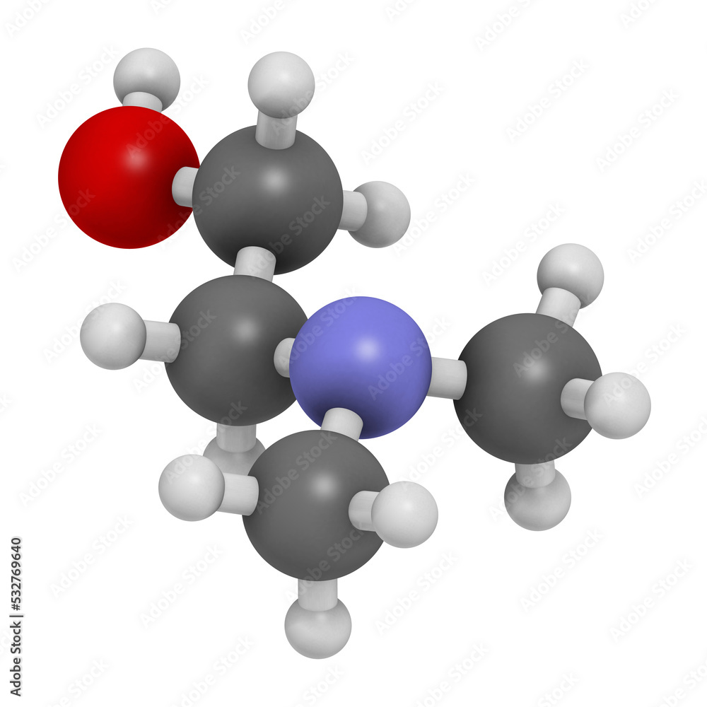 Dimethylaminoethanol (dimethylethanolamine, DMEA, DMAE) molecule. 3D ...