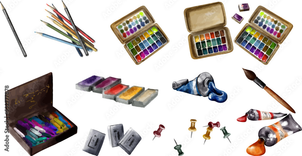 School subjects for drawing. Watercolor vector drawing made by hand ...