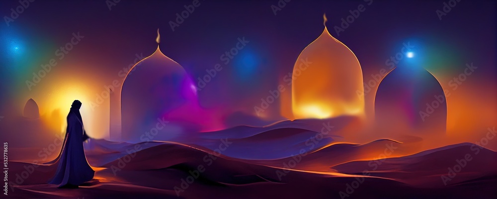 magical Arabian night in the desert with glowing lights, silhouettes of ...